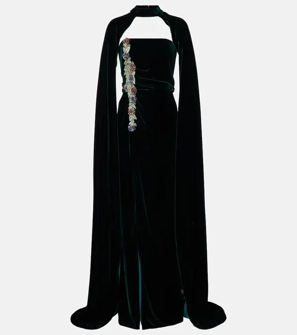 Costarellos Brisha Caped Embellished Velvet Gown - Green