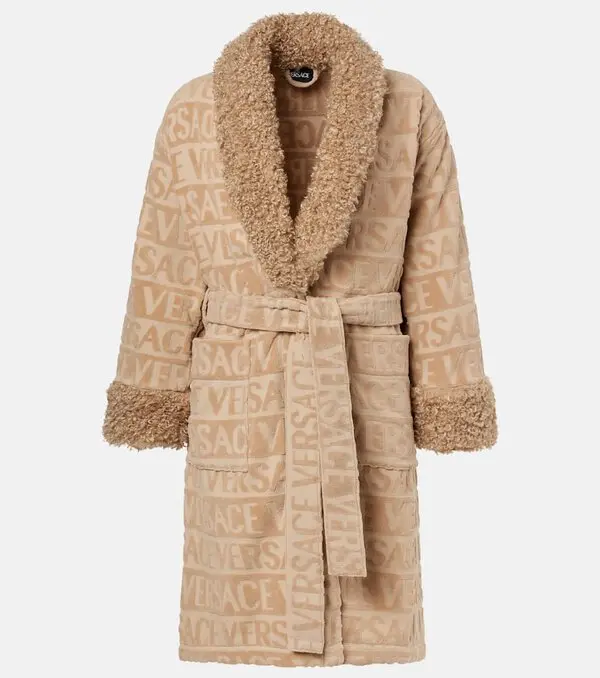 Versace Allover Cotton Terry Bathrobe - Beige