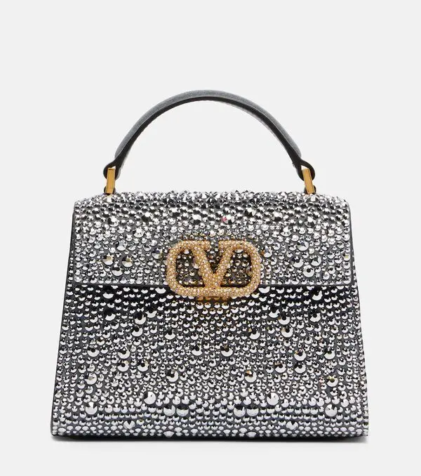 Valentino Garavani V Sling Small Embellished Suede Tote - Silver