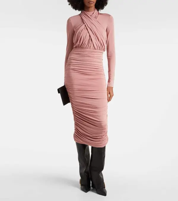 Balmain Ruched Jersey Midi Dress - Pink