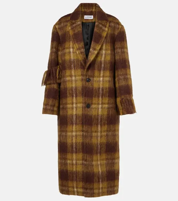 Loewe Checked Fringed Mohair And Wool Coat - Yellow