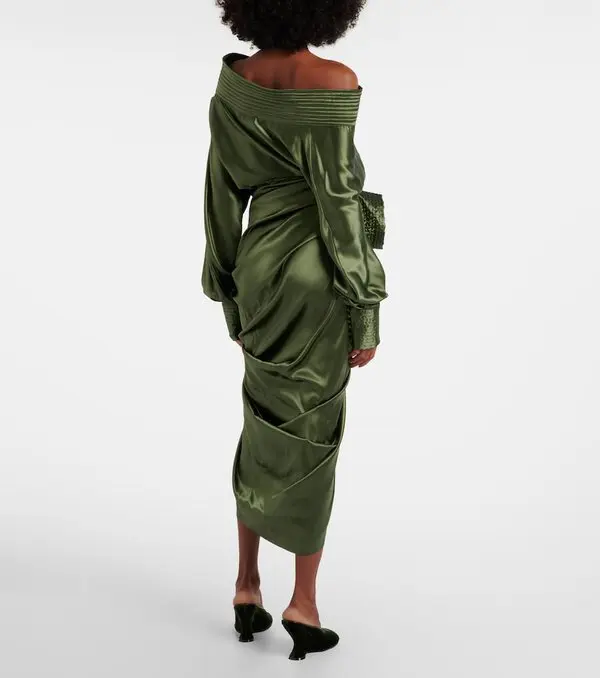 Dries Van Noten Gathered Silk-blend Satin Midi Skirt - Green