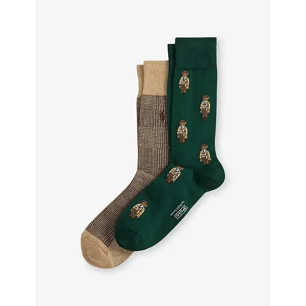 Ralph Lauren Logo-embroidered Pack Of Two Crew Socks - Green / H Camel