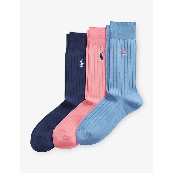 Ralph Lauren Logo-embroidered Stretch-cotton Blend Socks Pack Of 3 - Blue/pink/navy