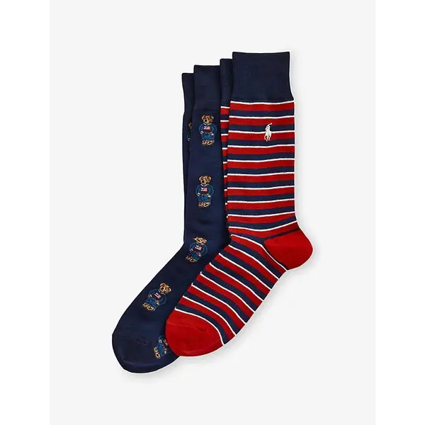 Polo Ralph Lauren Pack Of Two Stretch Cotton-blend Crew Socks - Navy Bear/stripe