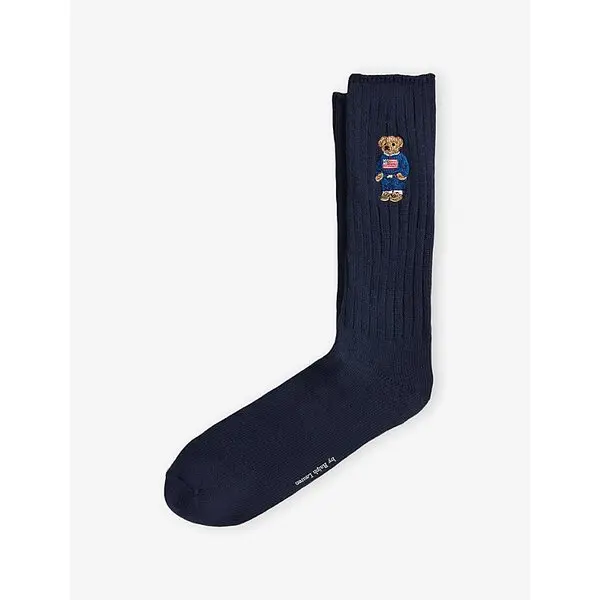 Ralph Lauren Bear-embroidered Cotton-blend Crew Socks - Navy