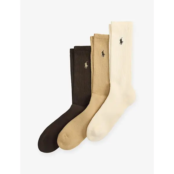 Ralph Lauren Pack Of Three Logo-embroidered Stretch-cotton Socks - Camel/ivory/brown