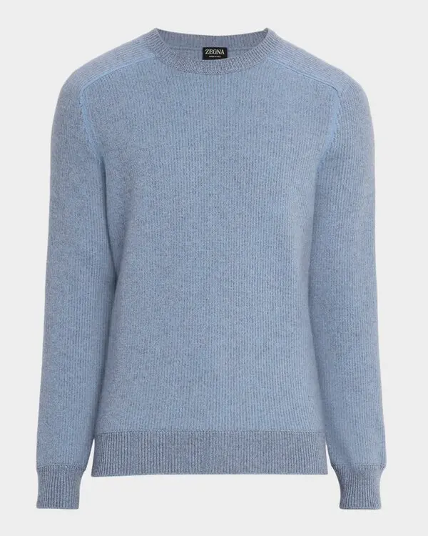 Zegna Cashmere Rib Saddle Crewneck Sweater - Blue