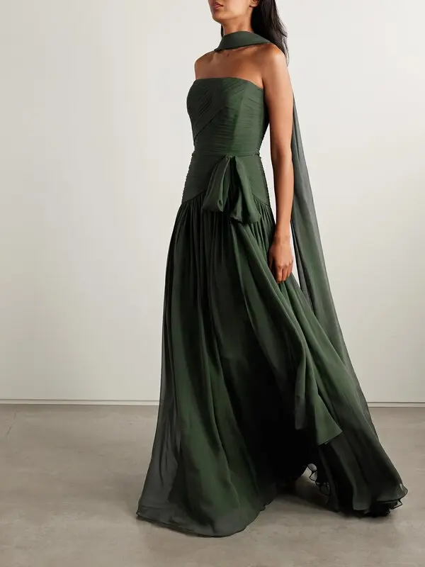 Elie Saab Scarf-detailed Pintucked Silk Crepe de Chine Gown - Green