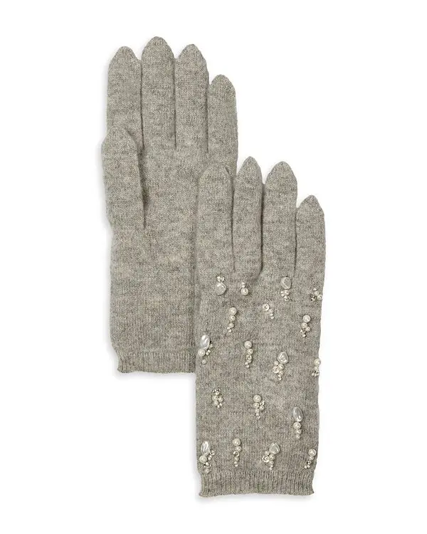 CAROLYN ROWAN ACCESSORIES Cashmere Full Finger Gloves With Faux Pearl Detail - Light Grey