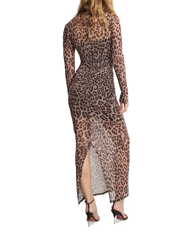 Good American Ruched Mesh Maxi Dress - Lucky Leopard