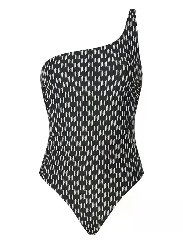 Karl Lagerfeld Monogram-print One-shoulder Swimsuit - Black