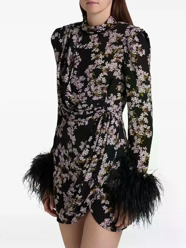 high neck black floral mini dress Black 3D Floral Embroidered Mini Dress High Neck Long Mesh Sleeve Cocktail  Dress | Statement Party & Special Occasion Wear main image 1