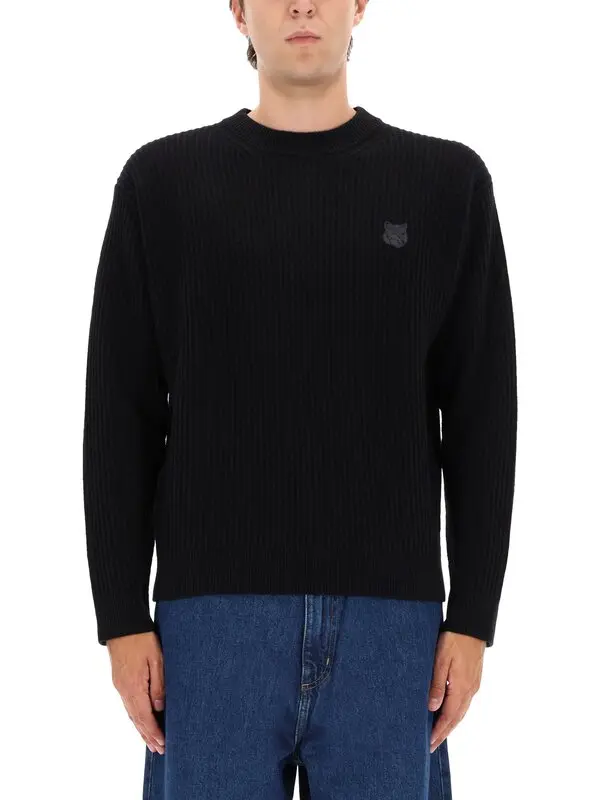 Maison Kitsuné Ribbed Knit With Fox Patch - Black
