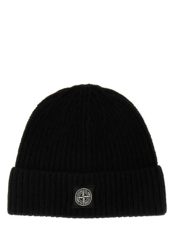 Stone Island Wool Cap With Logo - Black
