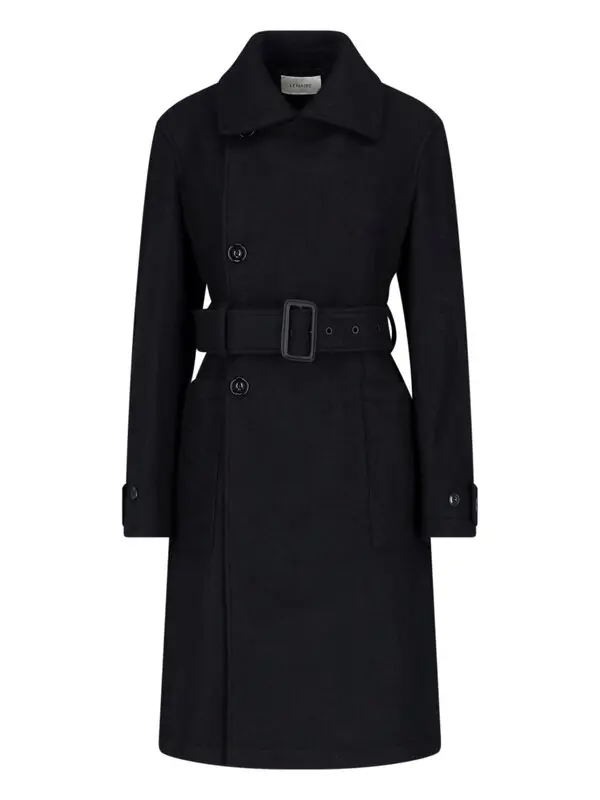 LARDINI Houndstooth Wool Coat With Belt - Black