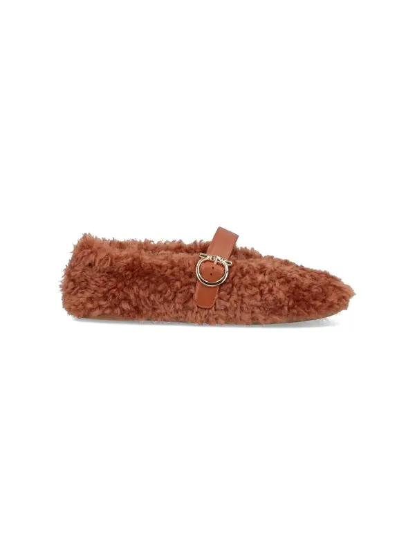 FERRAGAMO Gancini Shearling Ballet Flats - Brown
