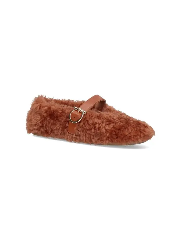 FERRAGAMO Gancini Shearling Ballet Flats - Brown