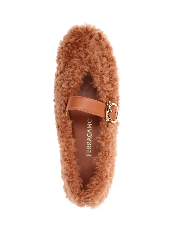 FERRAGAMO Gancini Shearling Ballet Flats - Brown