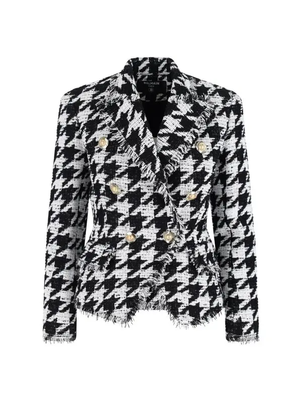 Balmain Double-breasted Houndstooth Tweed Blazer - White