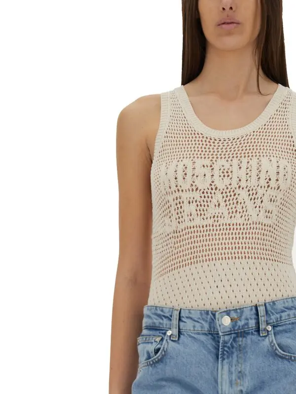 MOSCHINO JEANS Mesh Top With Logo - Ivory