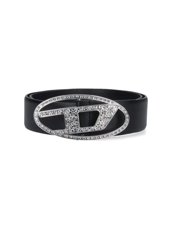 DIESEL Leather Belt With Rhinestone Logo - Black