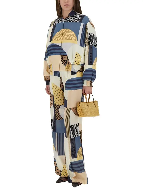 Fendi Patchwork Print Wide Leg Silk Pants - Blue