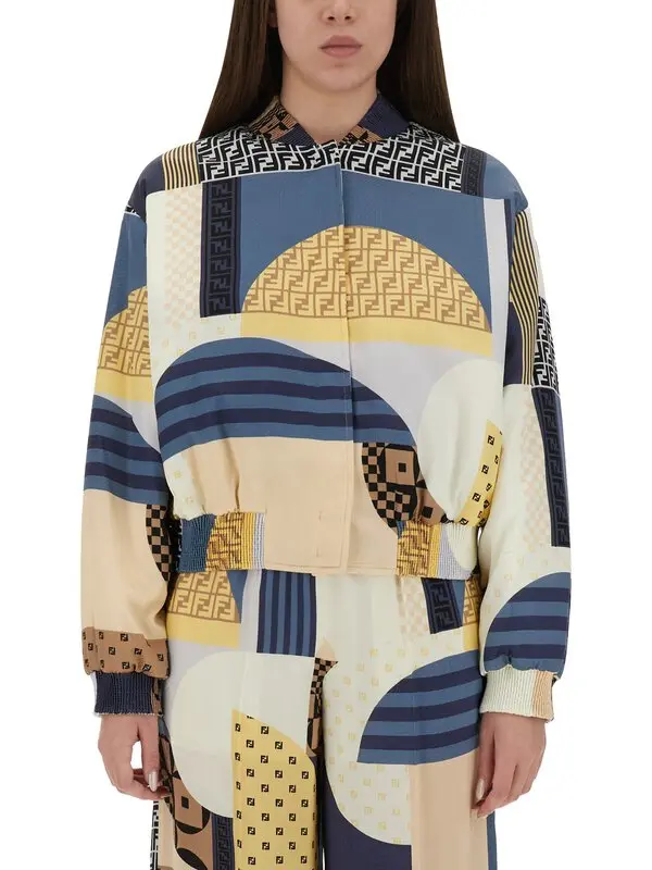 Fendi Silk Bomber Jacket With Patchwork Print - Blue