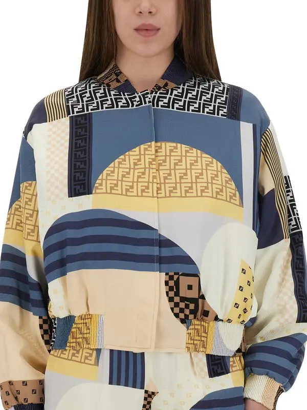 Fendi Silk Bomber Jacket With Patchwork Print - Blue