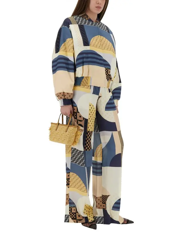 Fendi Silk Bomber Jacket With Patchwork Print - Blue