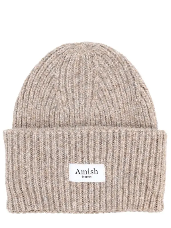AMISH Ribbed Beanie With Logo - Beige