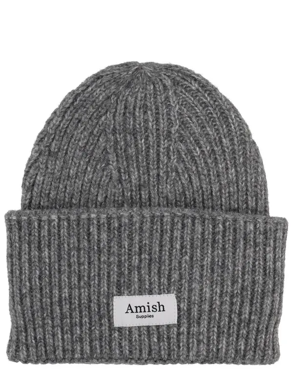 AMISH Ribbed Beanie With Logo - Grey