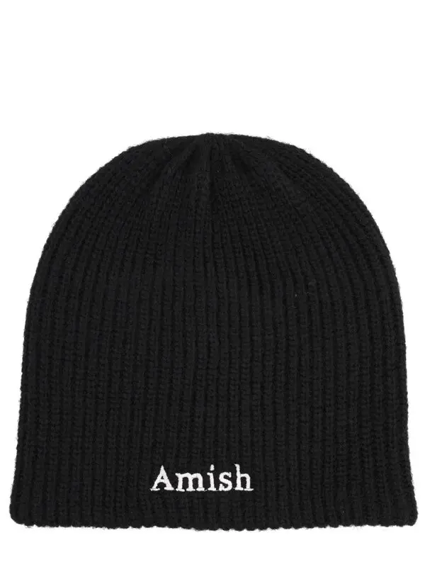 AMISH Ribbed Beanie With Logo - Black