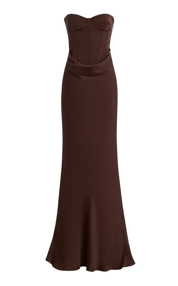 ROTATE BY BIRGER CHRISTENSEN Strapless Satin Maxi Gown - Brown
