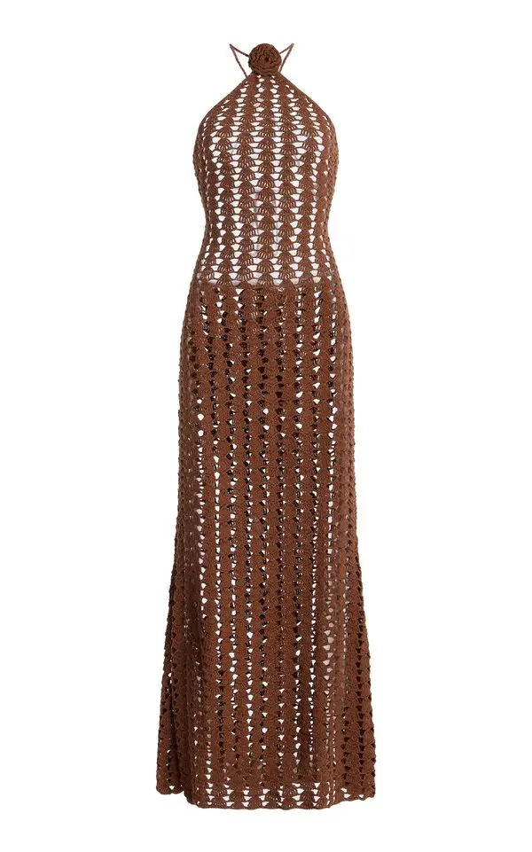 Akoia Swim Exclusive Rosette Crocheted Cotton Halter Maxi Dress - Brown