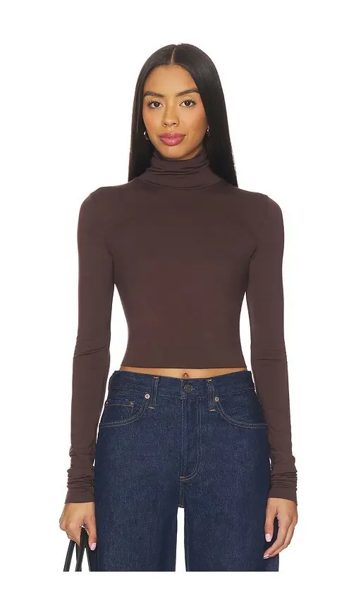 Eterne Cropped Fitted Turtleneck Soft Jersey Top - Espresso