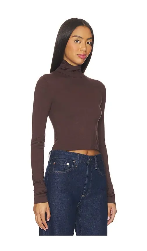 Eterne Cropped Fitted Turtleneck Soft Jersey Top - Espresso