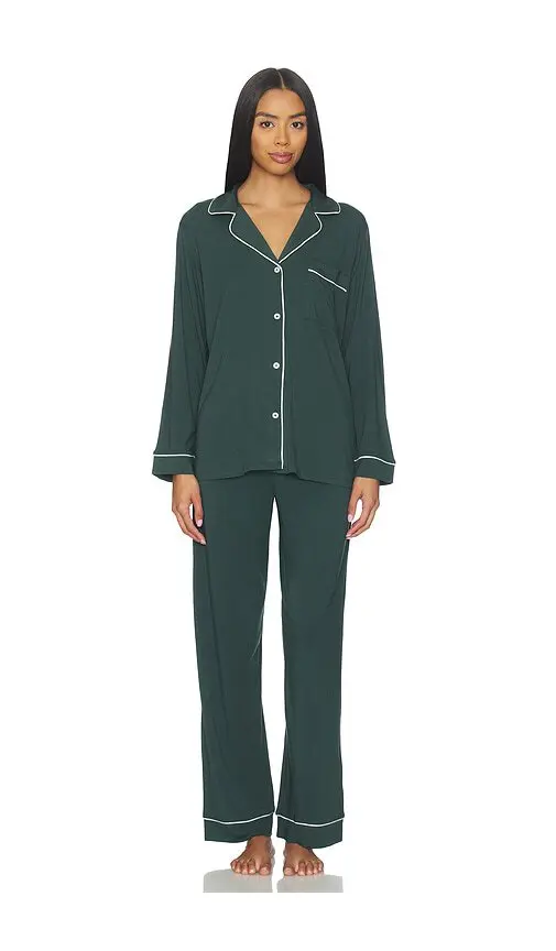 Eberjey Gisele Long Pj Set In Dark Green - Pine & Ivory