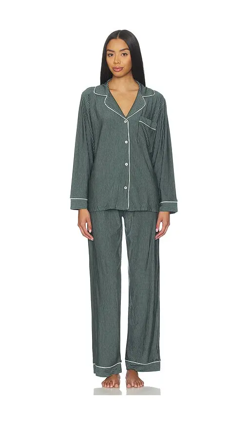 Eberjey Gisele Printed Long Pj Set In Dark Green - Duo Stripe Pine & Ivory