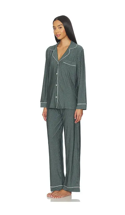 Eberjey Gisele Printed Long Pj Set In Dark Green - Duo Stripe Pine & Ivory