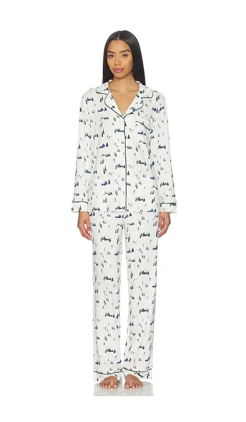 Eberjey Gisele Printed Long Pj Set In Ivory - Ski Chalet Ivory & Pine