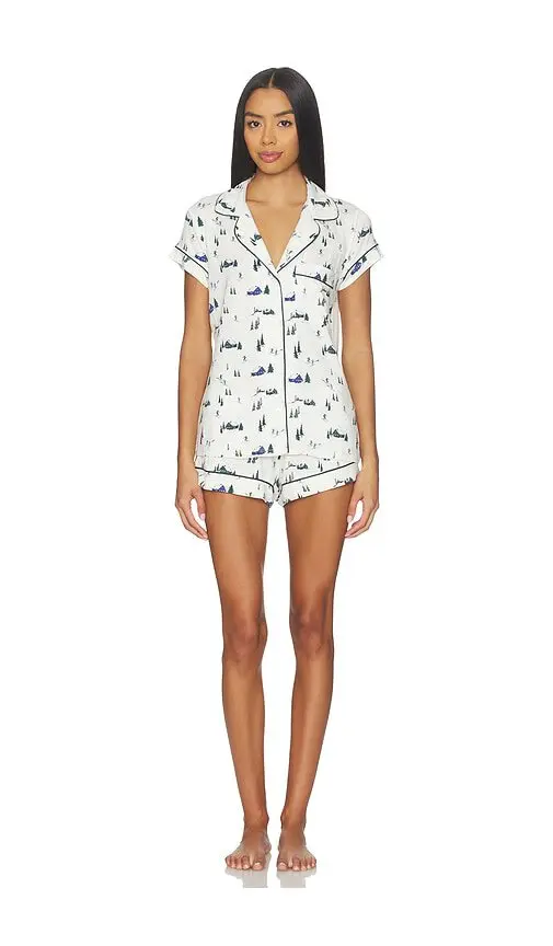 Eberjey Gisele Printed Shortie Pj Set In Ivory - Ski Chalet Ivory & Pine