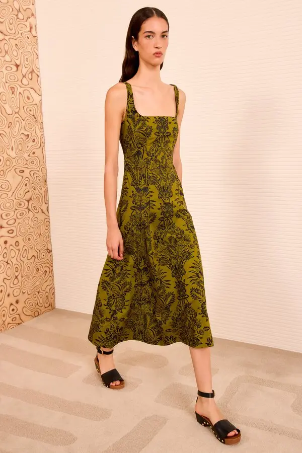 knee length dresses for ladies Floral Square Neck Short Sleeve Midi Dress