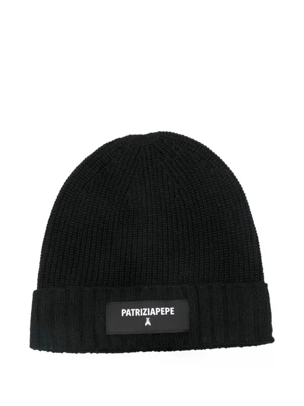 Patrizia Pepe Logo Appliqué Ribbed-knit Beanie - Black