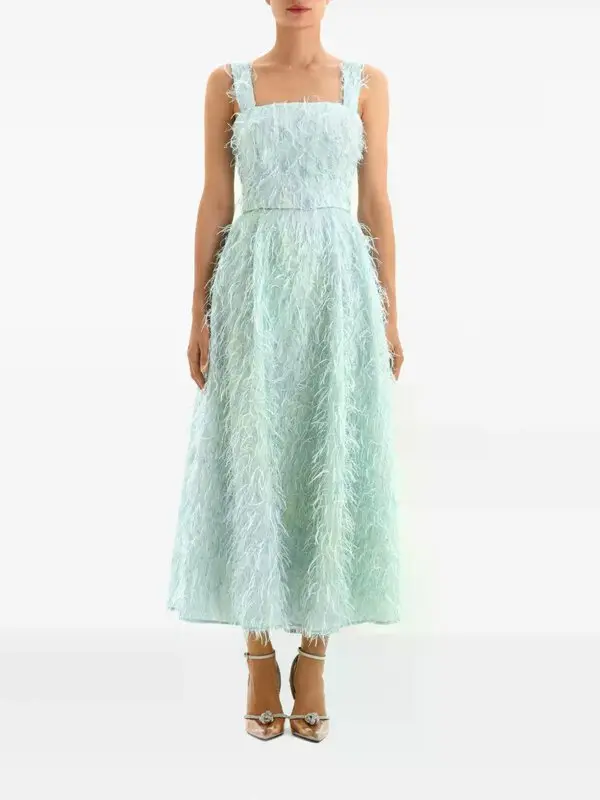 POST MERIDIEM Feather-embellished Corset Midi Dress