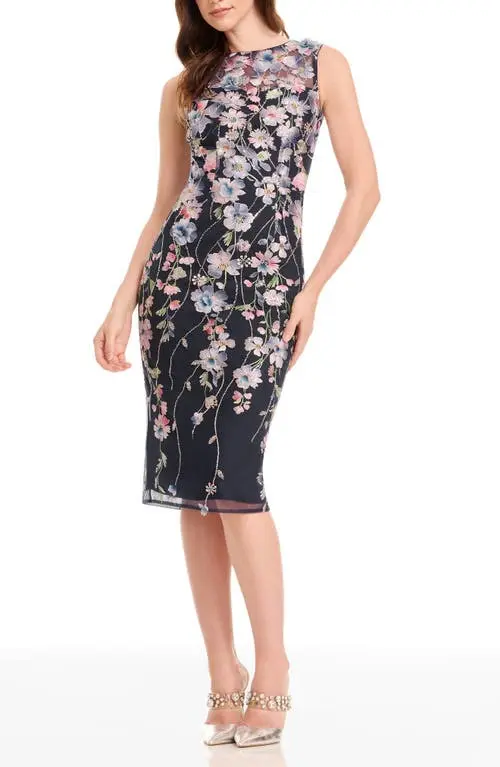Dress The Population Claudette Floral Embroidered Sheath Cocktail Dress - Navy Multi