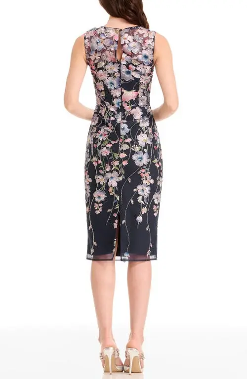 Dress The Population Claudette Floral Embroidered Sheath Cocktail Dress - Navy Multi