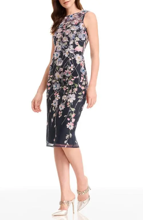 Dress The Population Claudette Floral Embroidered Sheath Cocktail Dress - Navy Multi