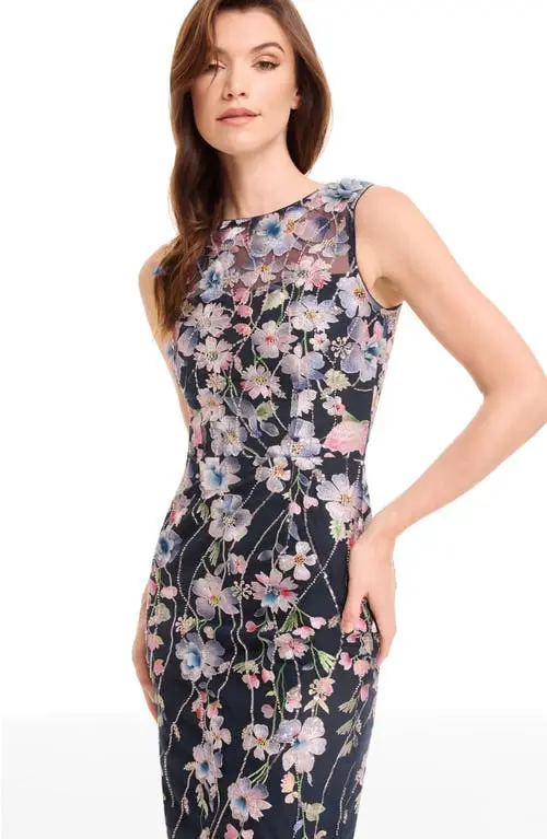 Dress The Population Claudette Floral Embroidered Sheath Cocktail Dress - Navy Multi
