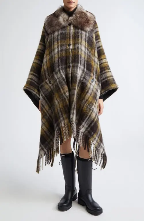 Moncler Plaid Felt Cape With Genuine Shearling Collar - Neutral